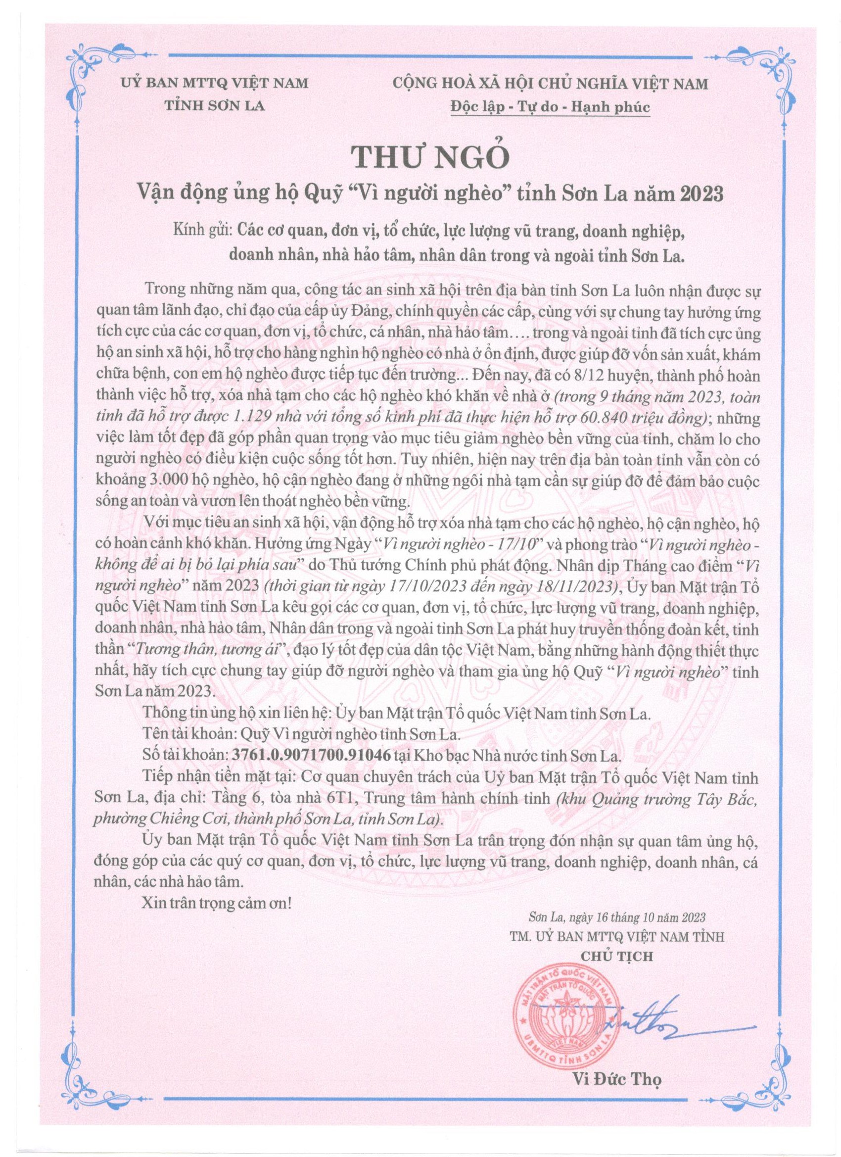 Thư ngỏ vận động ủng hộ Quỹ "Vì người nghèo" tỉnh Sơn La năm 2023